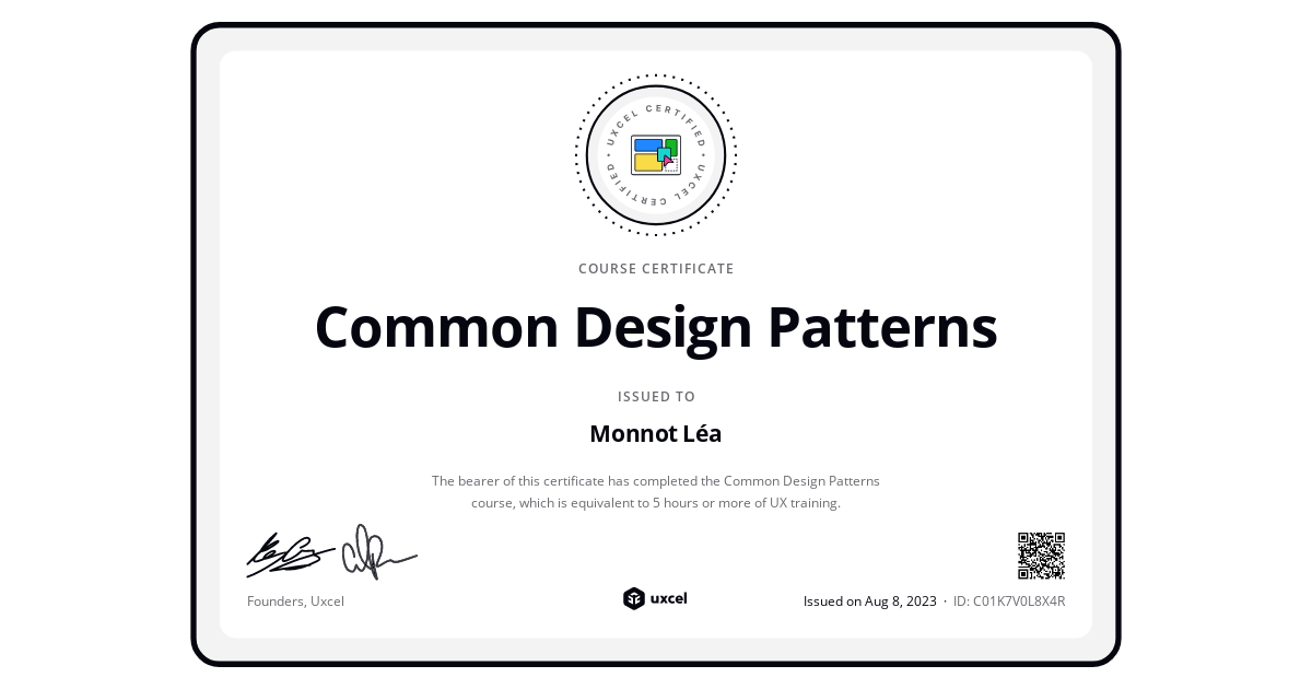 Certificate of completion for Common Design Patterns | Uxcel